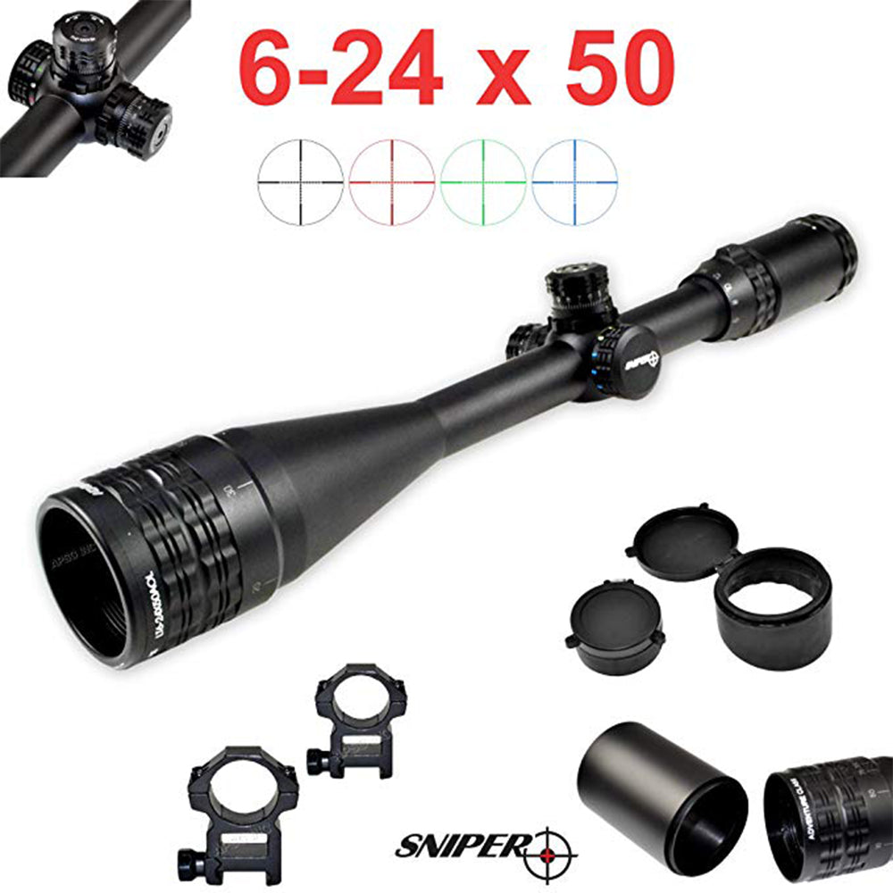 Sniper 6-24x50mm Scope W Front AO Adjustment. Red/Blue/Green mil-dot R ...