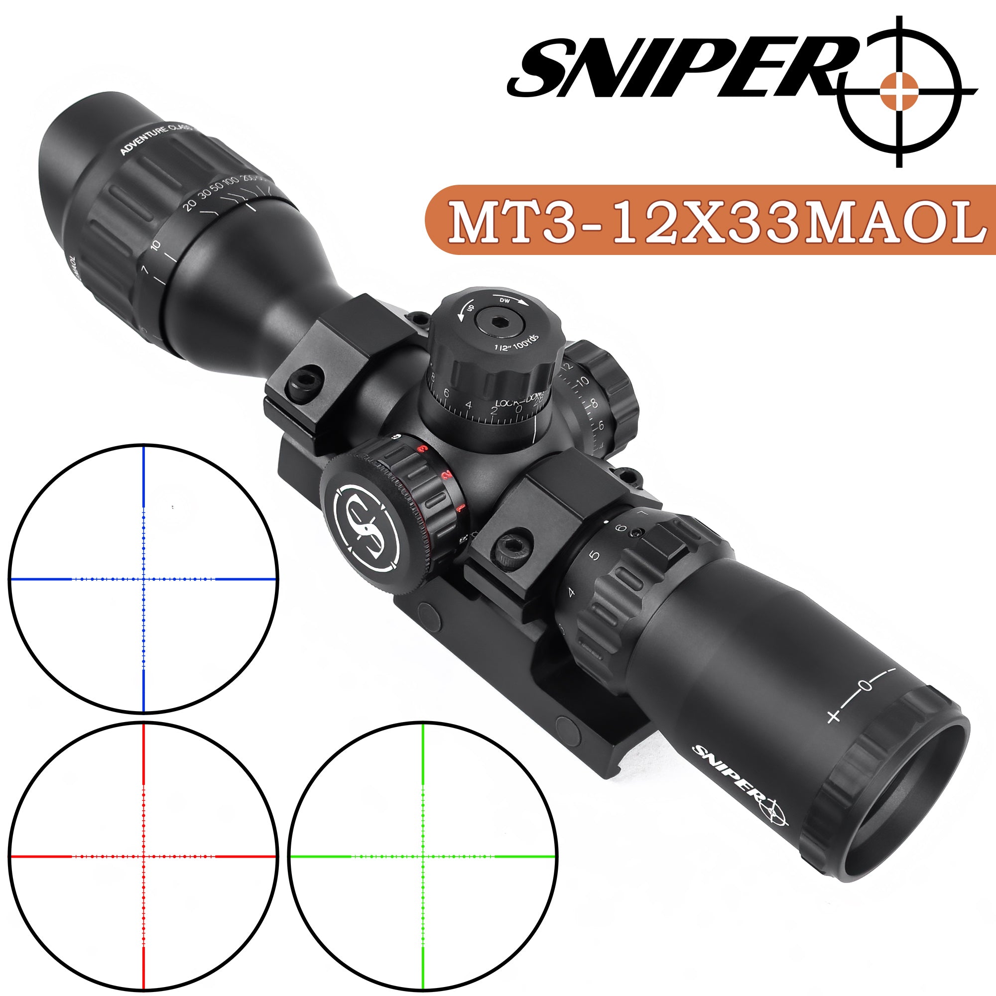 MT3-12x33MAOL Scope with Red, Green, Blue Illuminated Mil-Dot Reticle ...